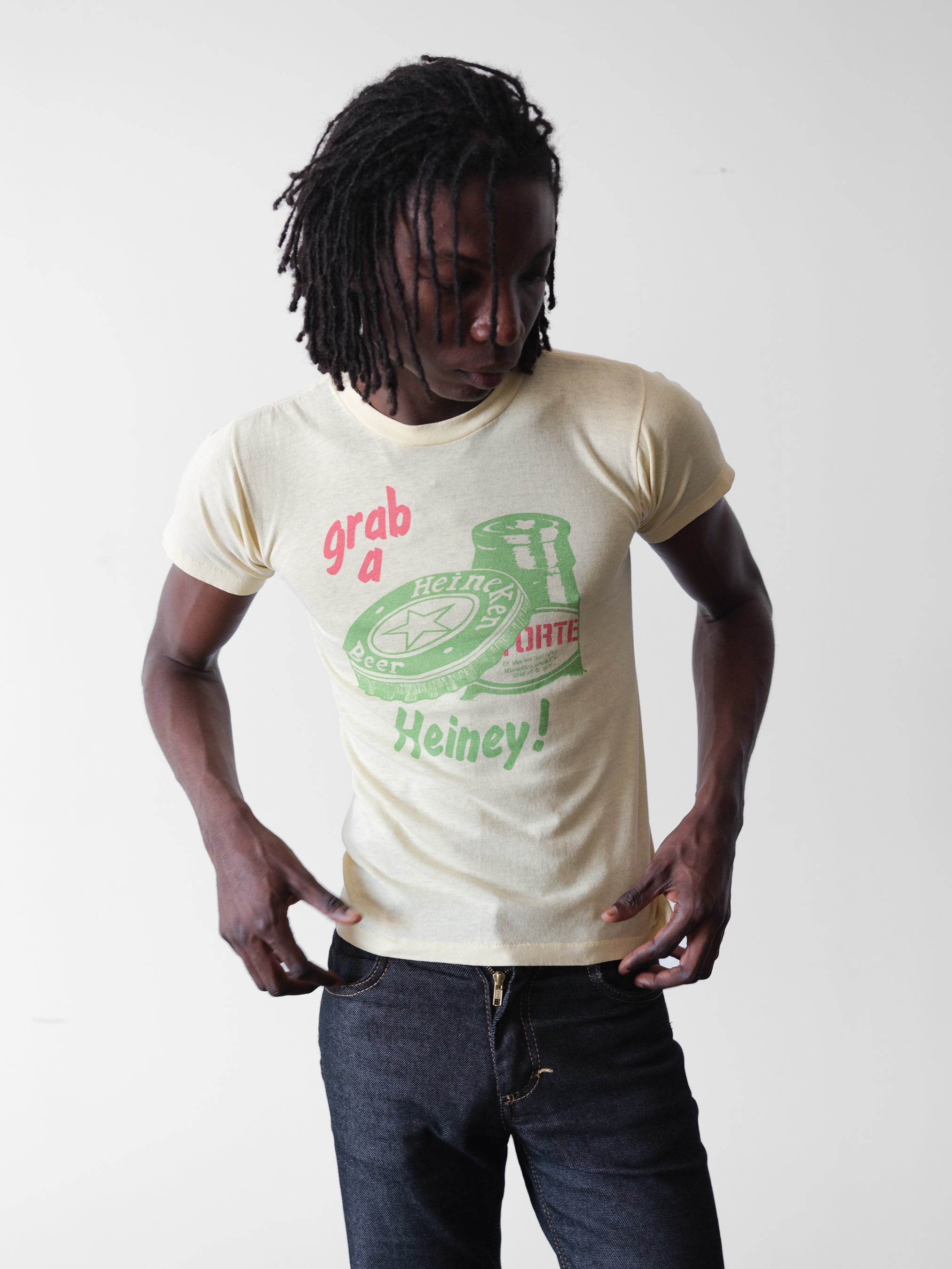 1970s-80s "Grab a Heiney!" Faded Yellow Tee – Ametora